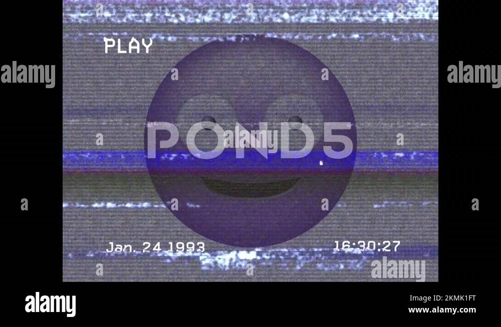 Digital animation of vhs glitch effect over purple silly face emoji ...