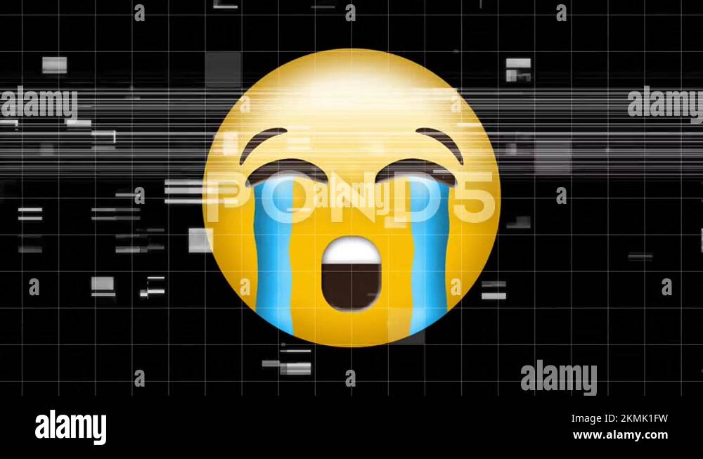 Digital animation of tv static effect over crying face emoji against ...
