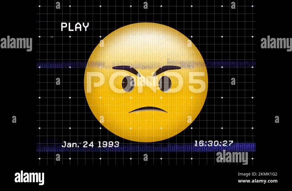 Digital animation of vhs glitch effect over angry face emoji against ...