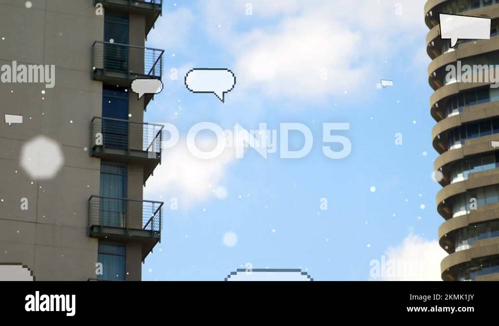 White particles and multiple blank speech bubbles floating against tall ...