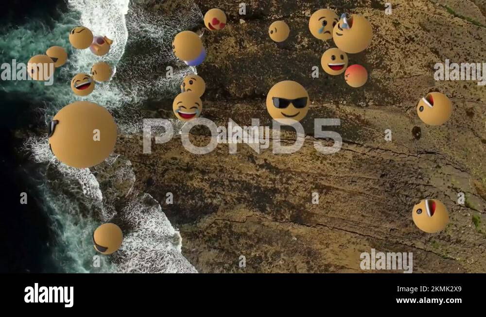 Digital composition of multiple face emojis floating against aerial ...