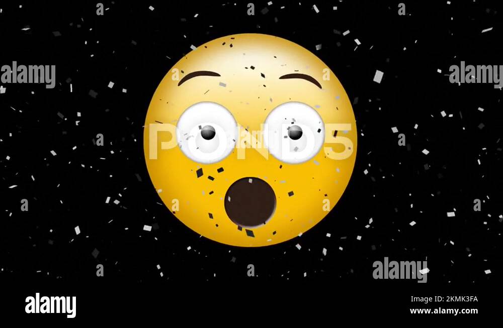 Digital animation of confetti falling over surprised face emoji against ...