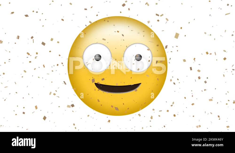 Digital animation of golden confetti falling over silly face emoji on ...