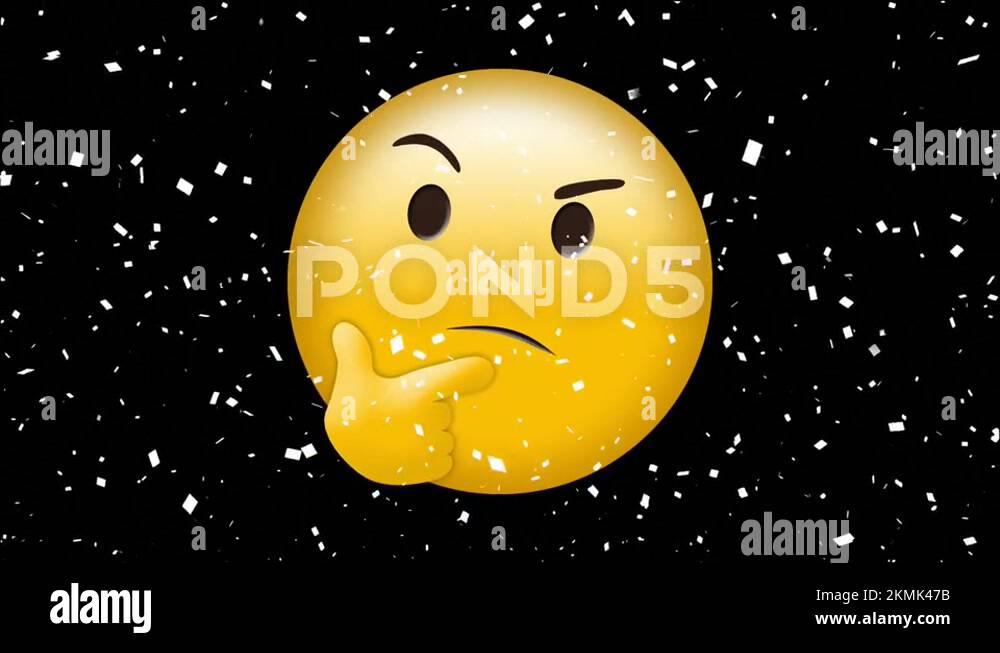 Digital animation of confetti falling over thinking face emoji on black ...