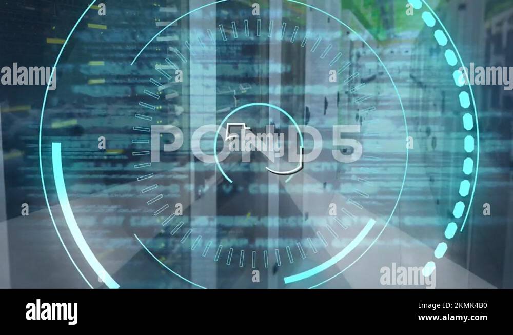 5g text on round scanner and data processing over empty server room against dark Stock Video ...