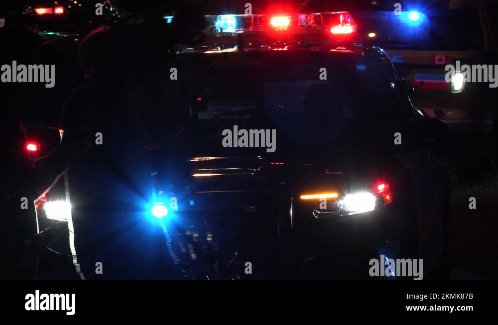 Multiple police cars at night with emergency lights flashing at crime ...