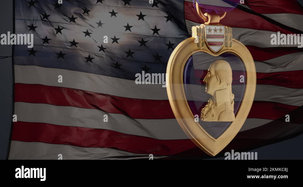 Purple Heart Military Merit Medal Against Slow Motion American Flag ...