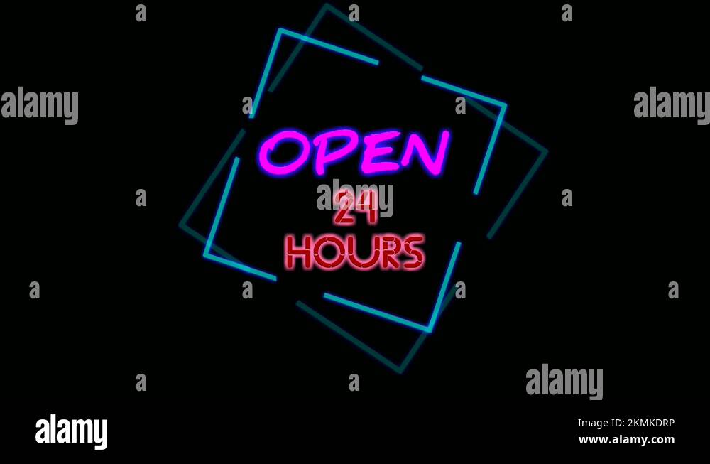 Animation Neon text Open 24 hours on black background. Blue neon sign ...
