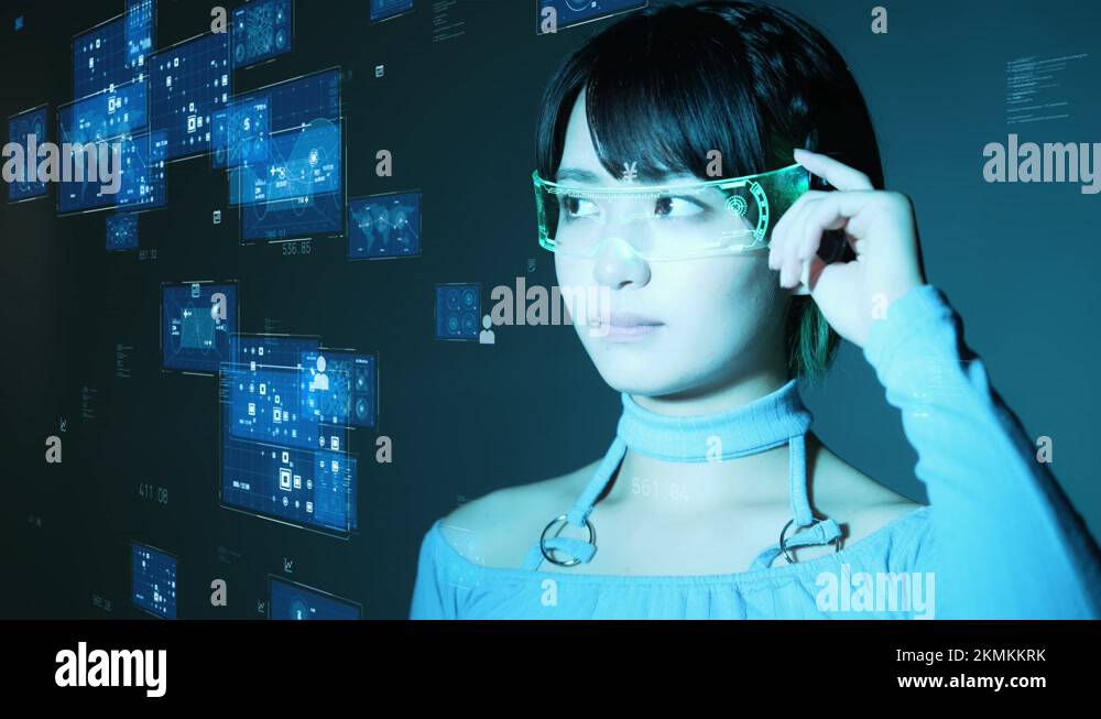 Young asian woman wearing VR goggles. Heads-up display. Graphical user ...