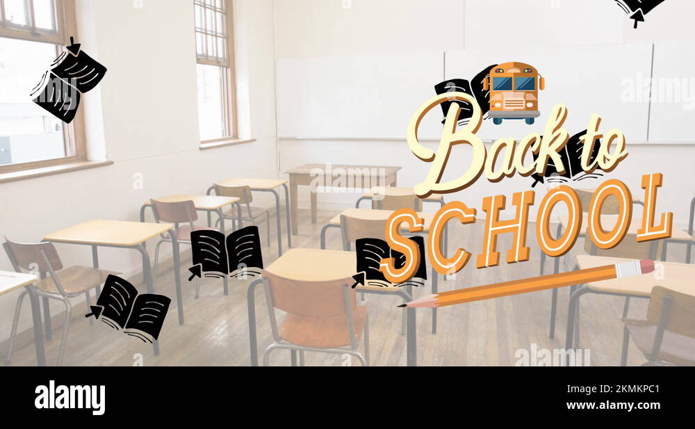 Animation of back to school text and school items icons over empty ...