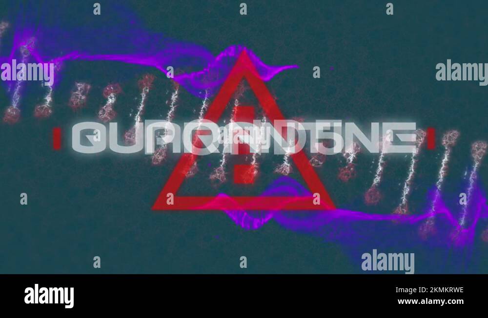 Quarantine text over warning symbol against dna structure and digital ...