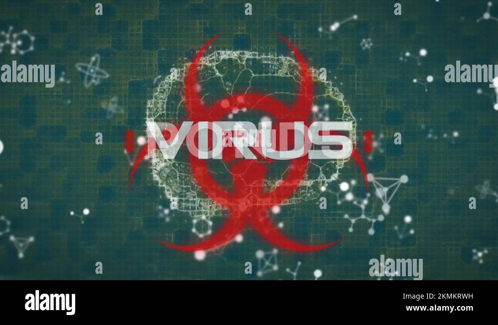Virus text over biohazard symbol against molecular structures and human ...
