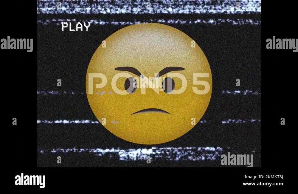Digital animation of vhs glitch effect over angry face emoji against ...