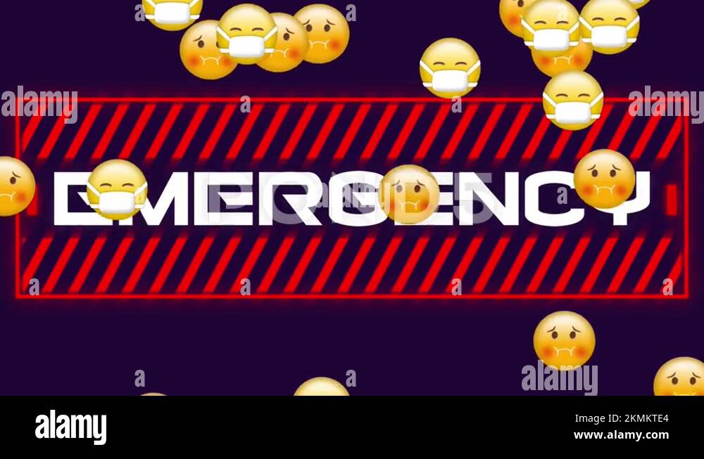 Digital animation of multiple face emojis floating over emergency text ...