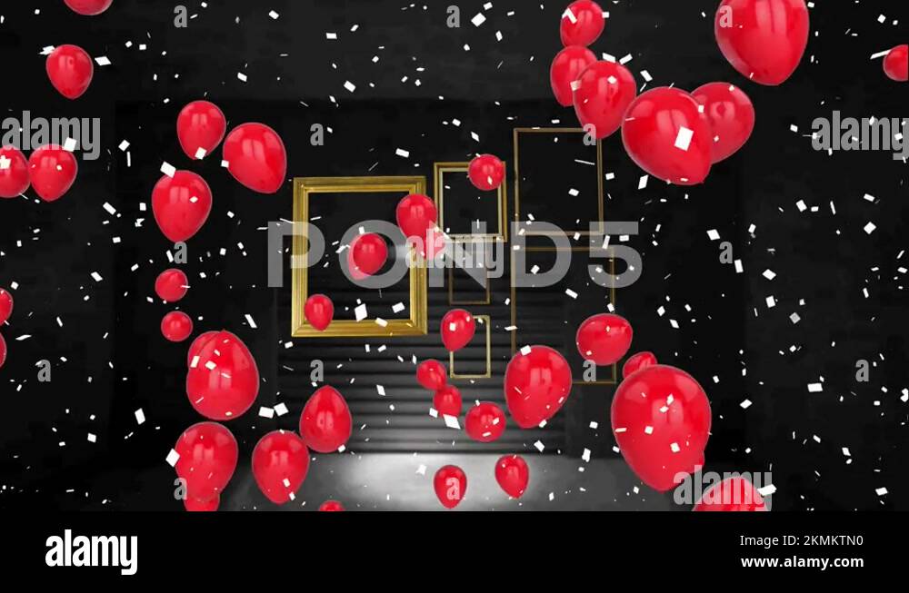 Confetti falling and multiple red balloons floating against multiple ...