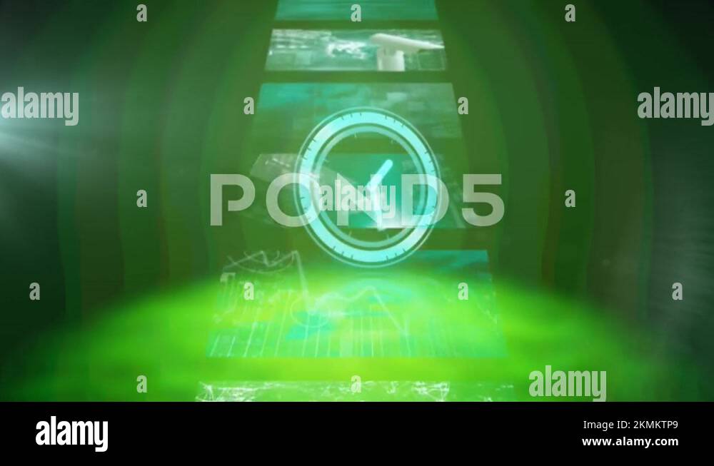 Neon blue digital clock ticking against multiple screens with data ...