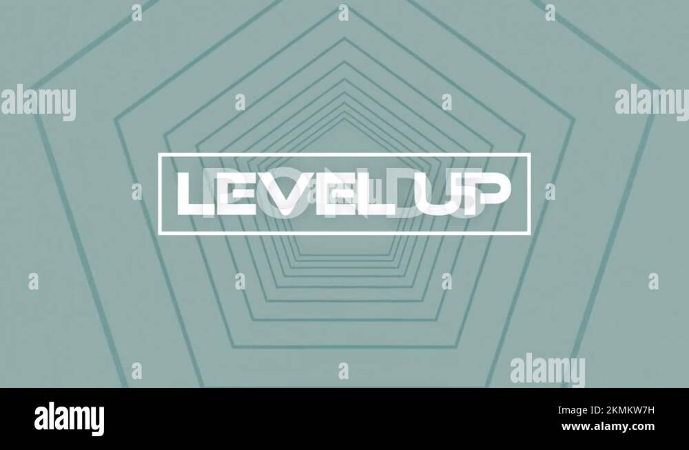 Glitch effect over level up win banner text over blue hexagons in ...