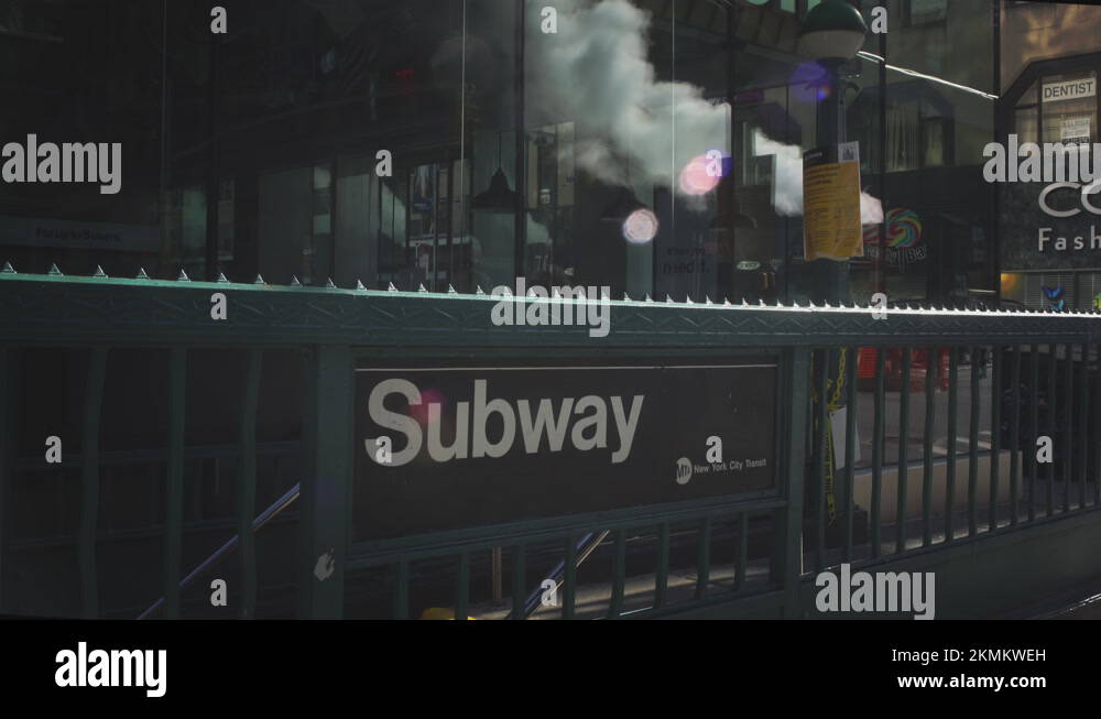 Entrance to the New York subway. The inscription Subway on the green ...