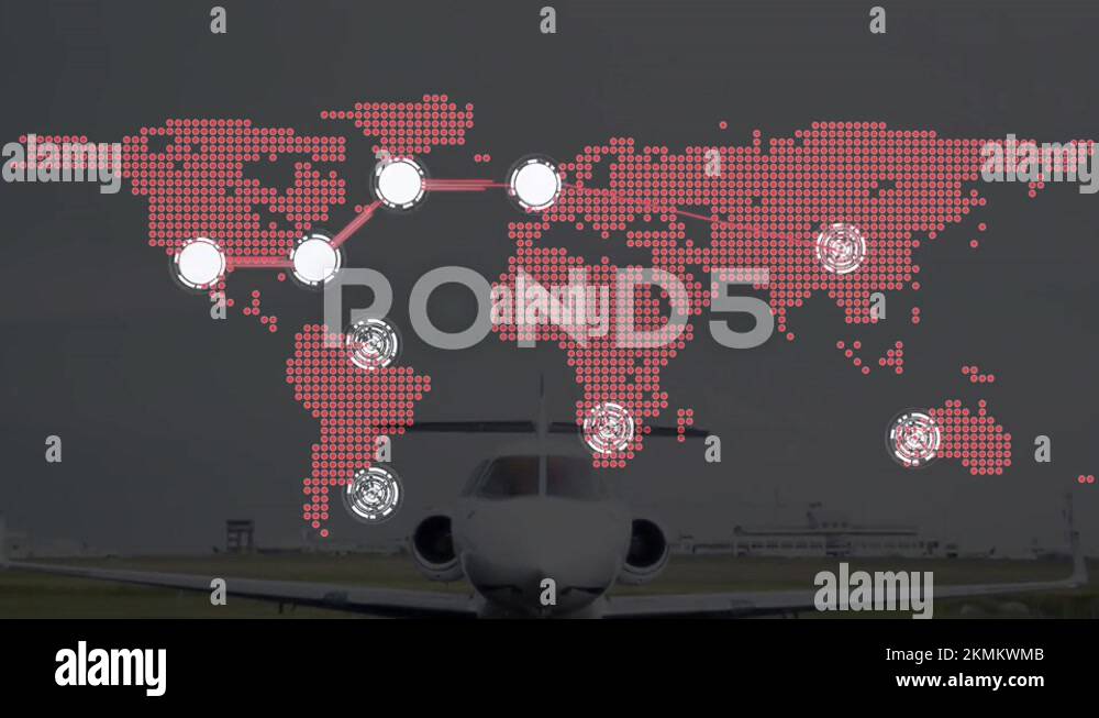 Connecting dots over world map against private jet on airport runway ...