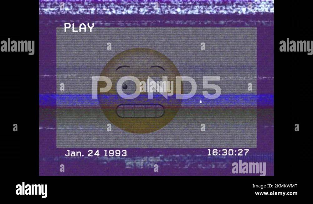 Digital animation of vhs glitch effect over grimacing face emoji on ...