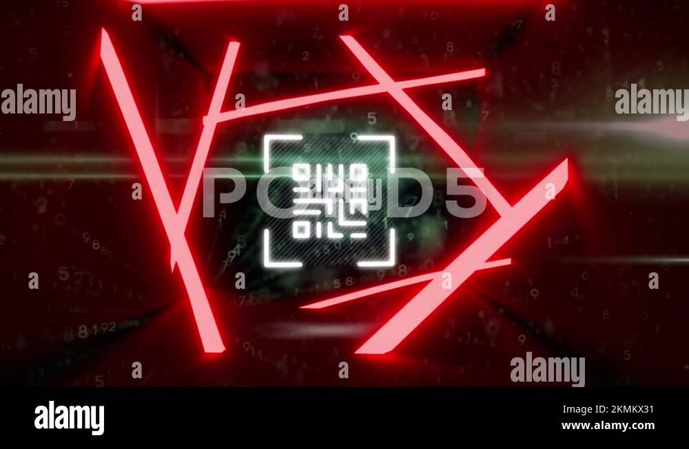 Digital animation of neon red qr code and glowing lines over rows of changing Stock Video ...