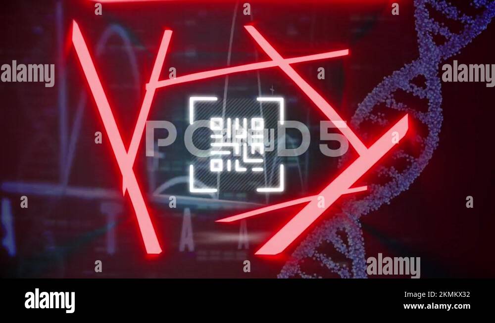 Digital animation of glowing qr code over dna structure spinning and ...