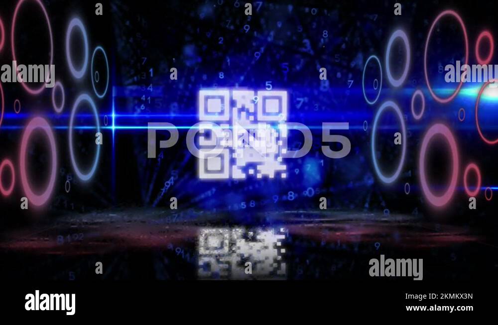 Digital animation of qr code and glowing circles over rows of changing ...