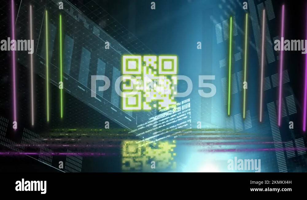 Digital animation of neon yellow qr code and glowing lines over data processing Stock Video ...