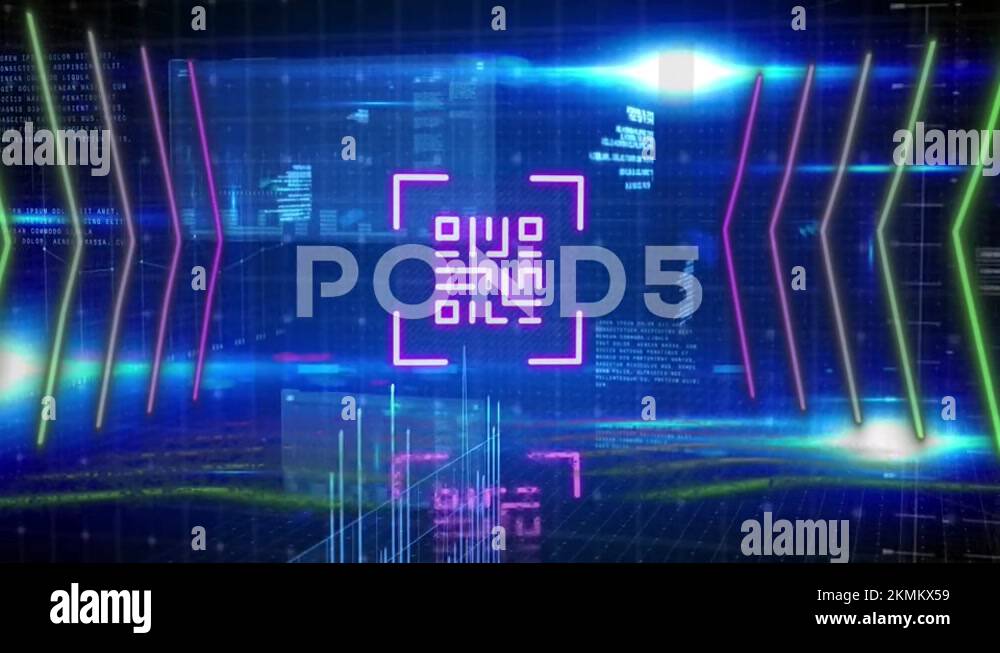 Digital animation of neon qr code and glowing lines over spots of light and data Stock Video ...