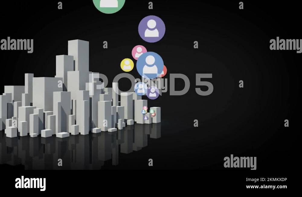 Multiple colorful profile icons floating over 3d city model spinning ... Multiple colorful profile icons floating over 3d city model spinning ...