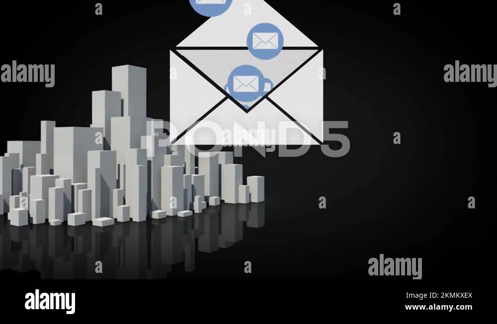 Multiple message icons floating over 3d city model spinning against ...