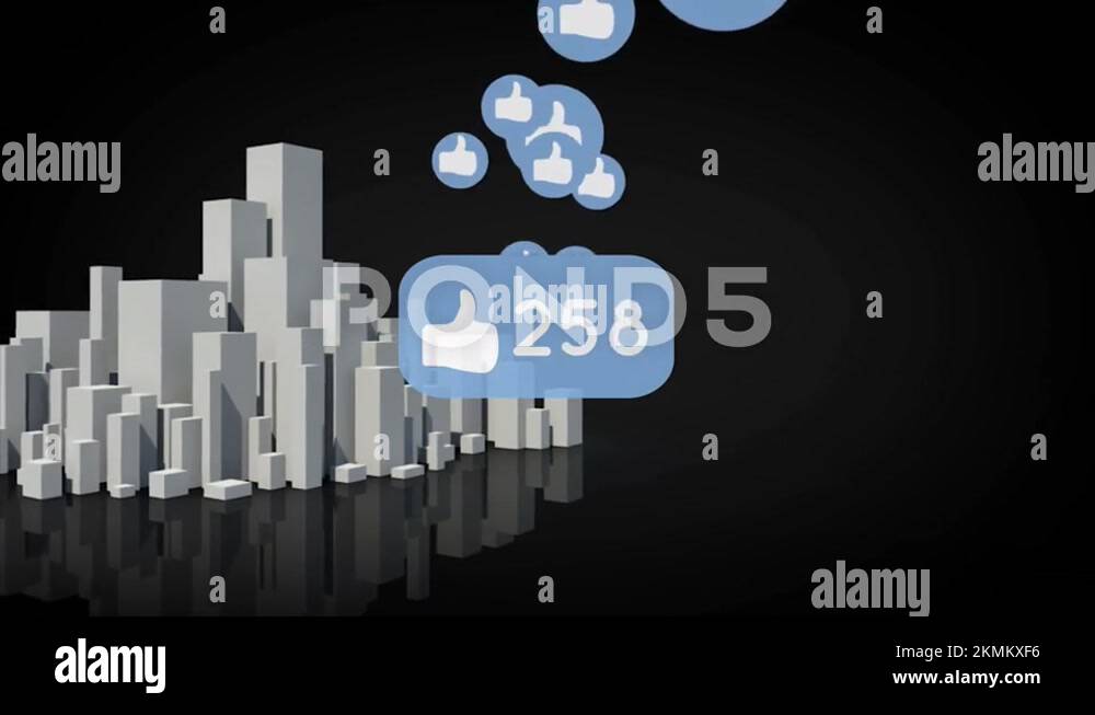 Multiple like icons with increasing numbers against 3d city model ...