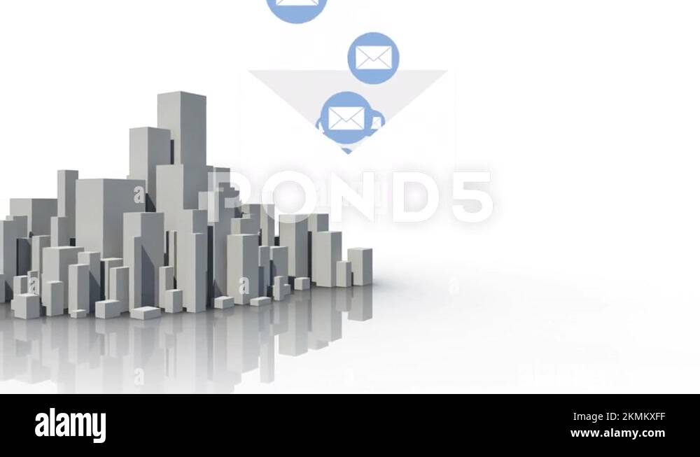 Multiple message icons floating over 3d city model spinning against ...