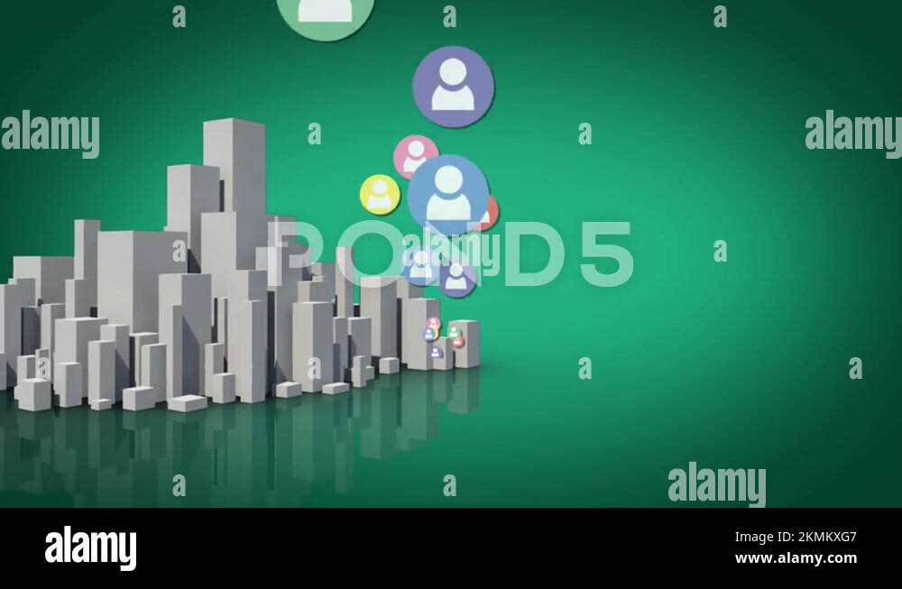 Multiple colorful profile icons floating over 3d city model spinning ...