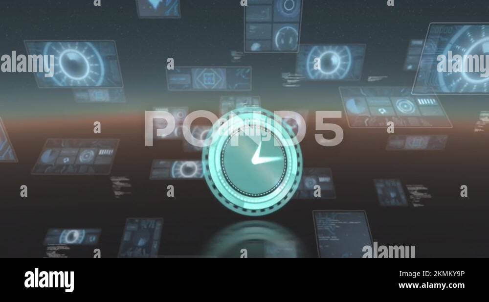 Neon digital clock ticking against multiple round scanners and data ...