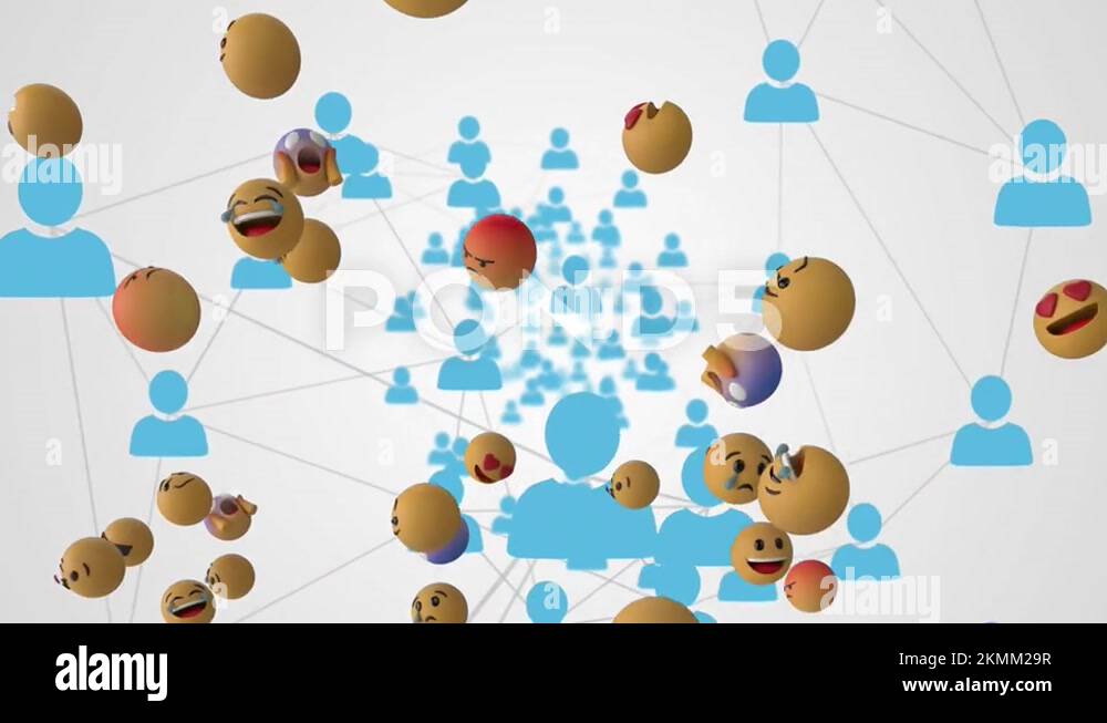 Animation of emojis floating over network of connected blue people ...