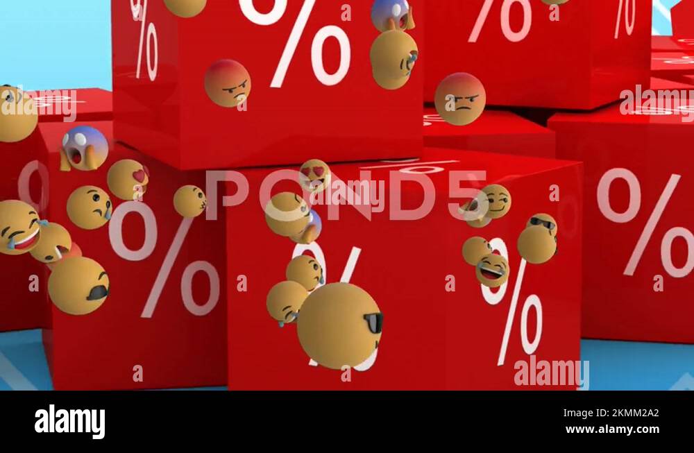 Digital animation of multiple face emojis floating over percentage sign ...