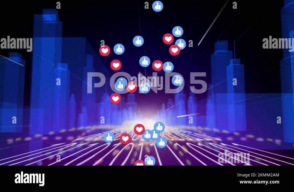 Multiple heart and like icons floating against light trails and 3d city ...