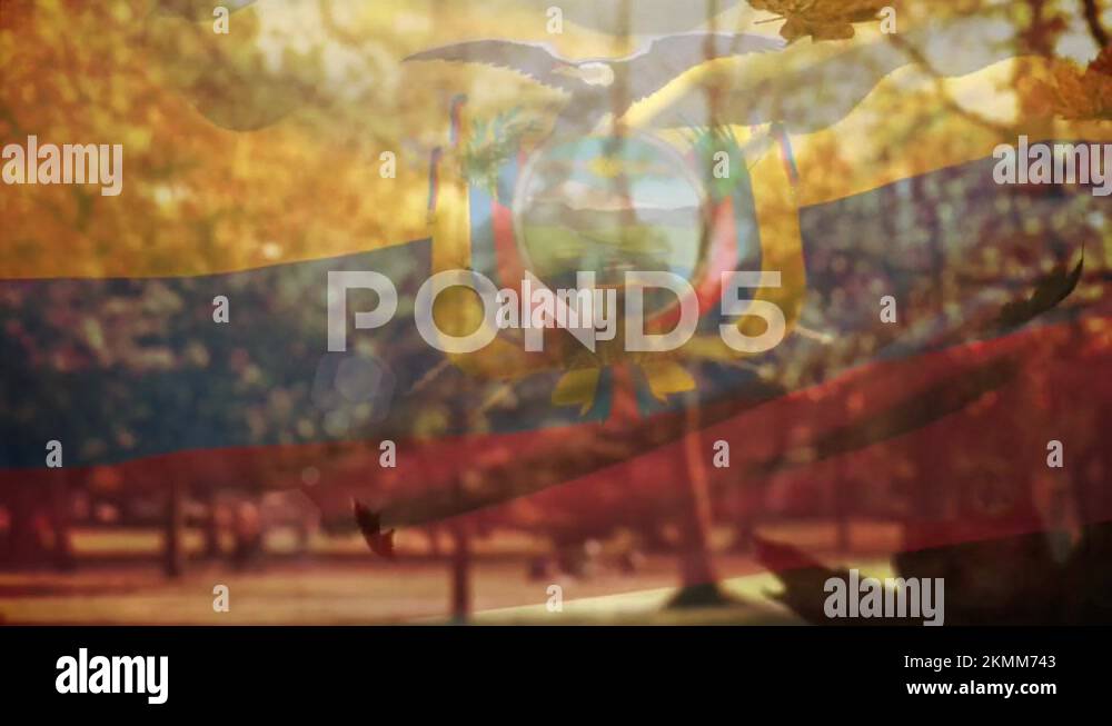 Digital composition of ecuador waving flag over multiple autumn leaves ...