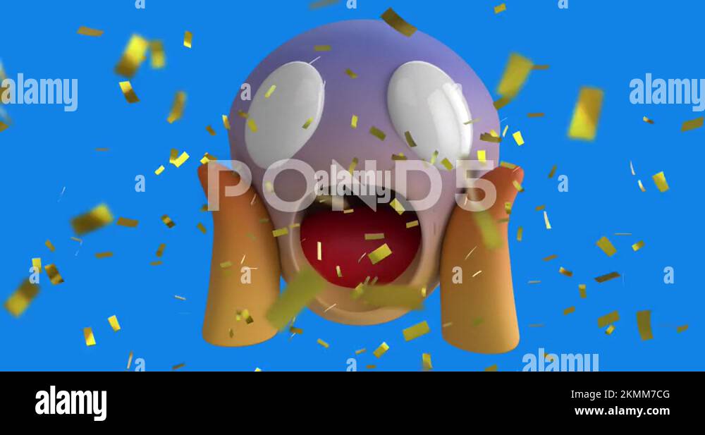 Digital animation of golden confetti falling over surprised face emoji ...