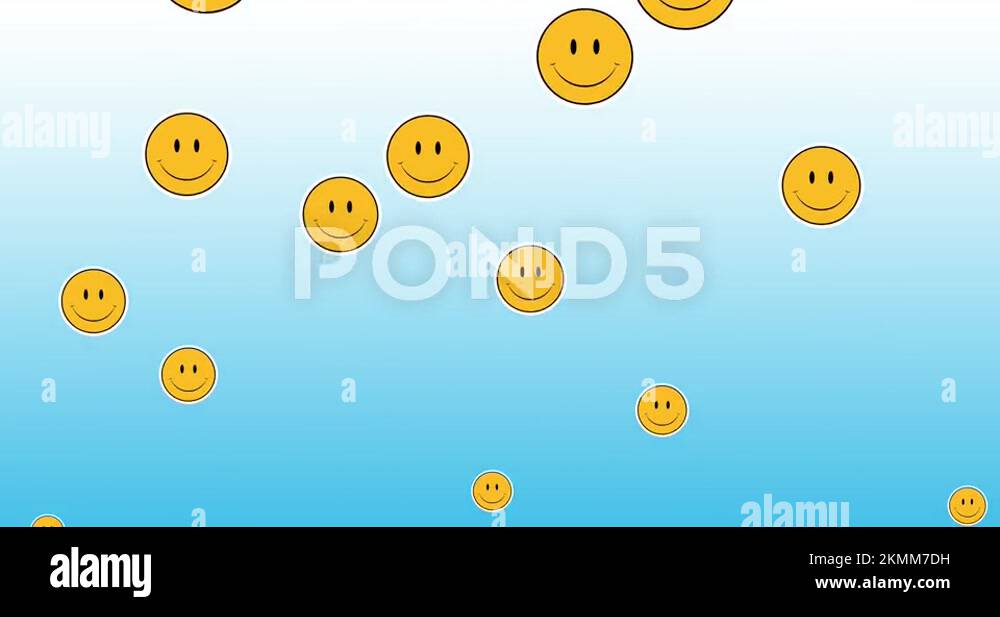 Digital animation of multiple smiling face emojis floating against blue ...
