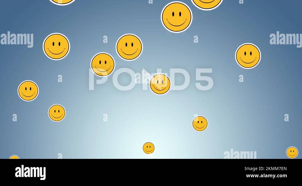 Digital animation of multiple smiling face emojis floating against blue ...