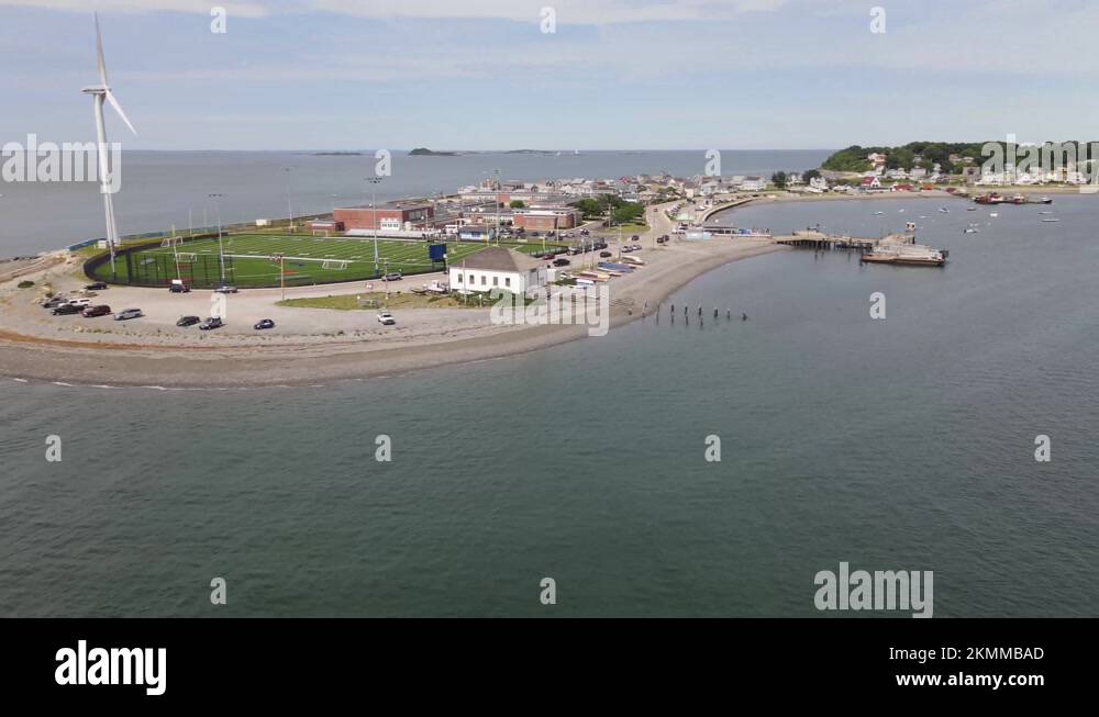 Drone approaching the Hull Gut parking area and beach in Hull, MA ...