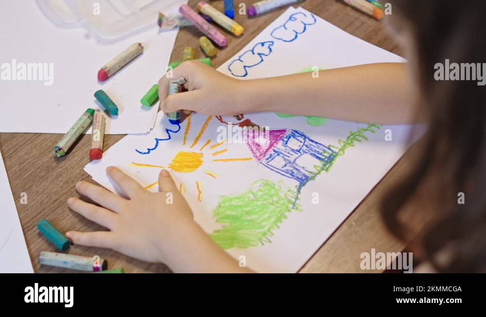 Child Drawing House, sun and sky Girl Coloring, Kids Making Craft․ SLOW ...