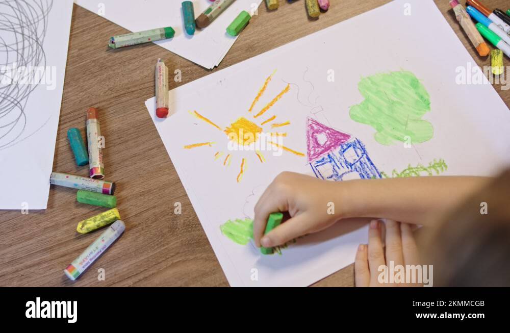 Child Drawing House, sun and sky Girl Coloring, Kids Making Craft․ SLOW ...