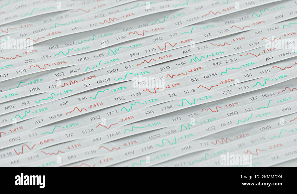 Fictional stock exchange tickers seamless loop 3D render animation ...