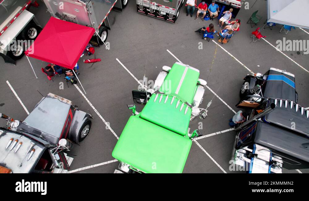 Aerial of Big Tractor Trailer, Diesel Trucks at the Big Rig Truck Show ...
