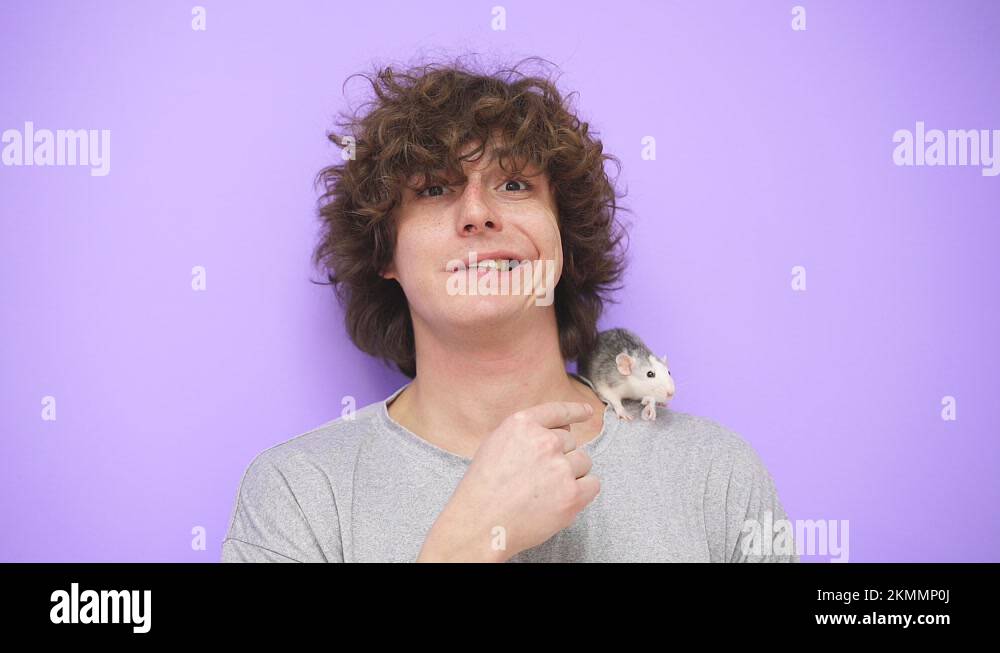 A young guy with curly hair smiles at the camera on an isolated ...