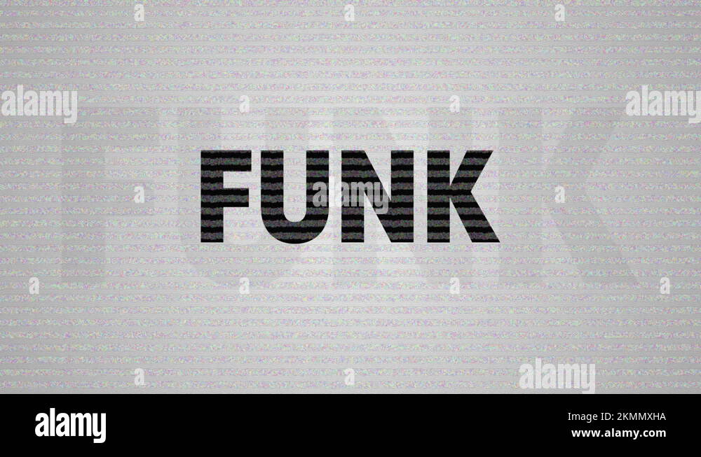 Digital animation of vhs glitch effect over funk text on grey ...