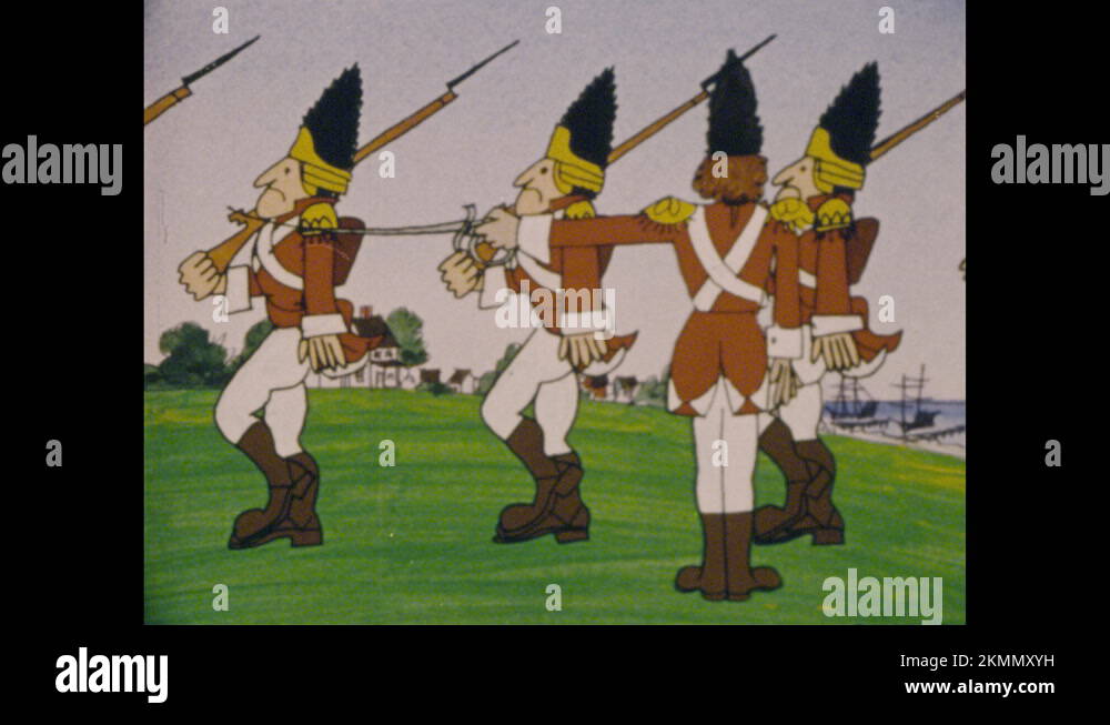 1970s: Animation. Tiny king jumps up and down. Soldiers march. People ...